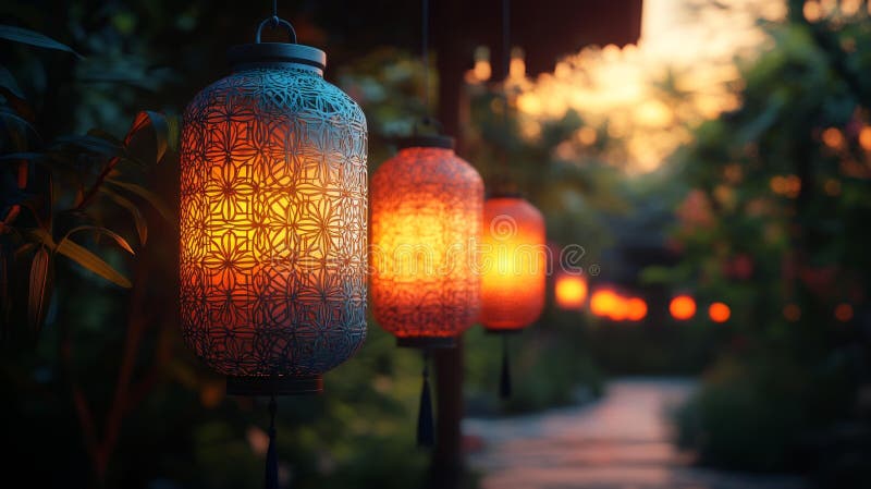 Illuminated Decorative Lanterns at Sunset - Generative Ai Stock ...