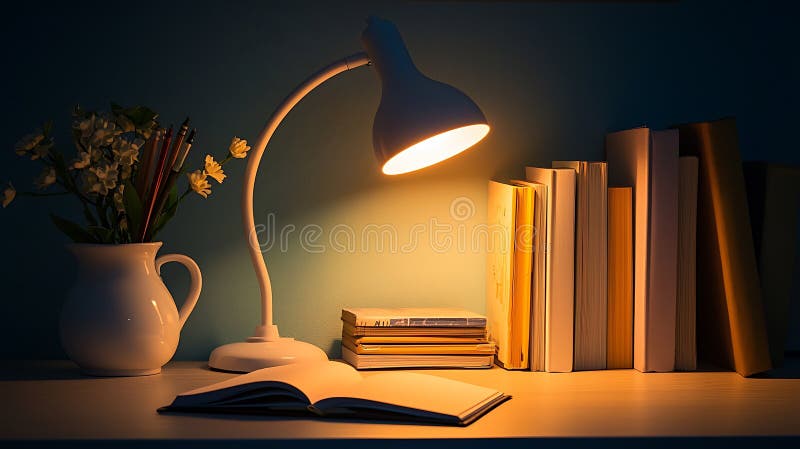 Illuminated Desk with Books, Lamp, and Flowers Stock Photo - Image of ...