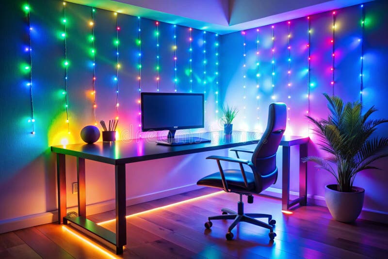 Illuminated Desk Setup with Rgb Lights Wallpaper Background Editorial ...