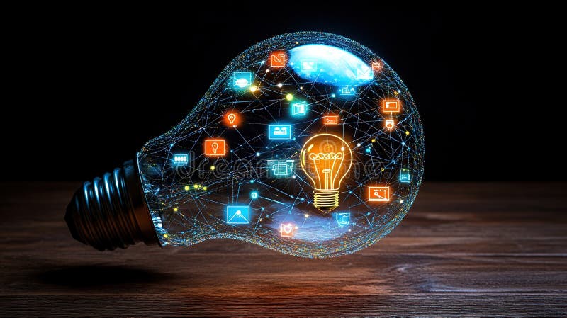 Illuminated Digital Bulb Concept, Glowing Icons Inside, Wood Table ...