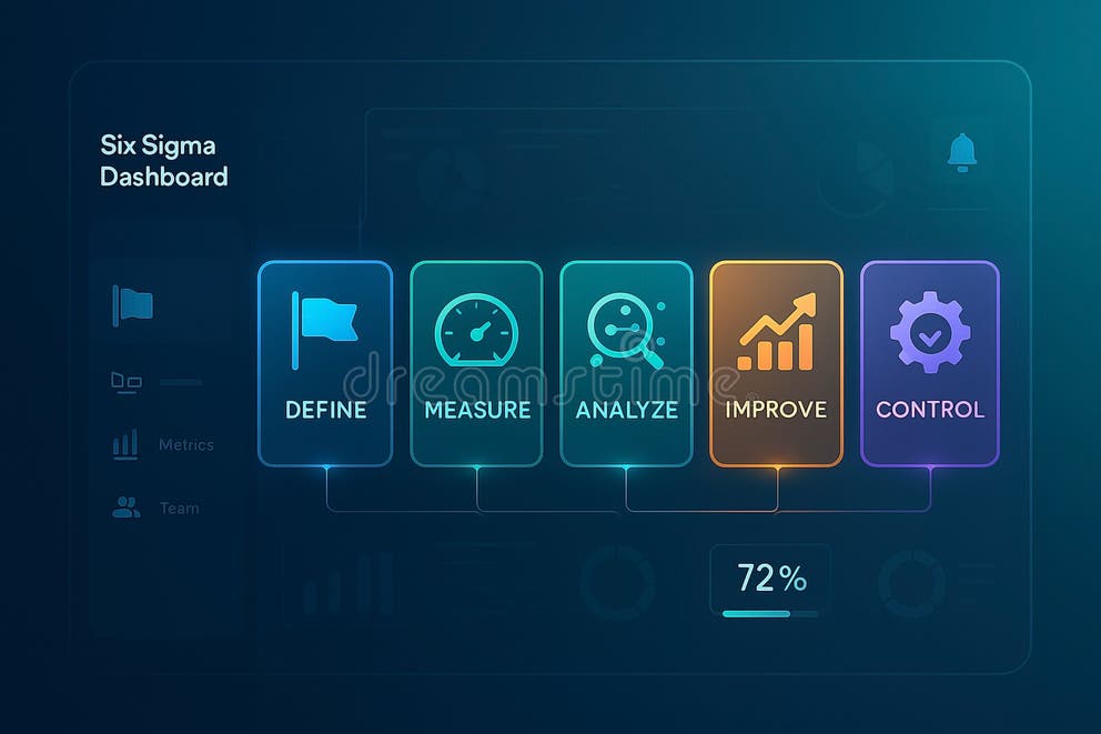 Illuminated Digital Dashboard Displaying Six Sigma Phases with Progress Tracking for Business ...