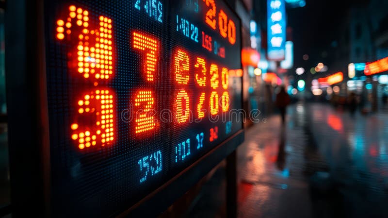 Illuminated Digital Display Board Showing Financial Information at ...