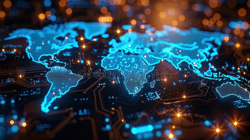 The Illuminated Digital Map of the World is Engraved on a Dark Printed ...