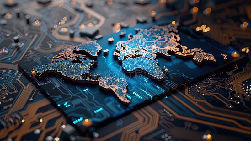 The Illuminated Digital Map of the World is Engraved on a Dark Printed ...