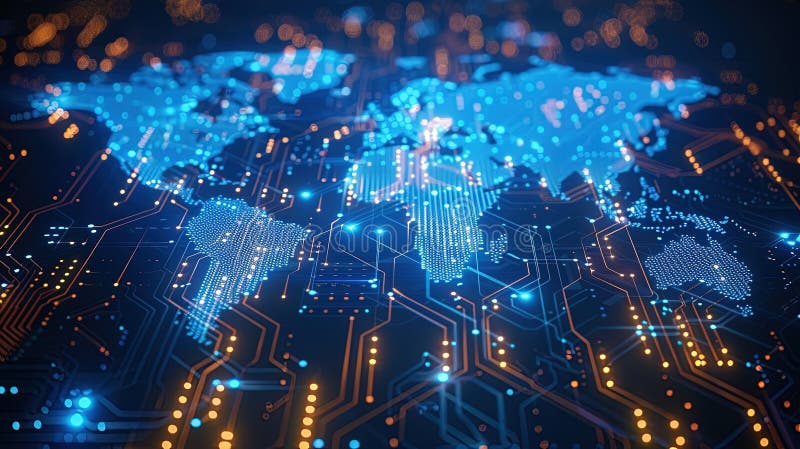 The Illuminated Digital Map of the World is Engraved on a Dark Printed ...