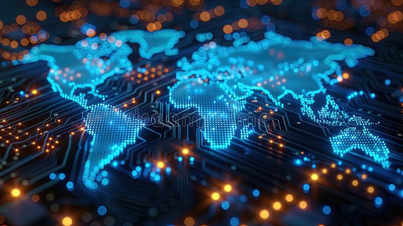 The Illuminated Digital Map of the World is Engraved on a Dark Printed ...