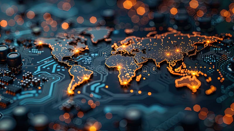 The Illuminated Digital Map of the World is Engraved on a Dark Printed ...