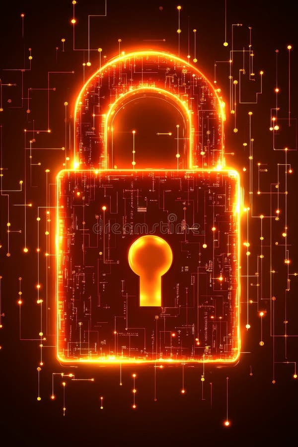 Illuminated Digital Padlock Glowing Orange Outline On Binary Code 1571