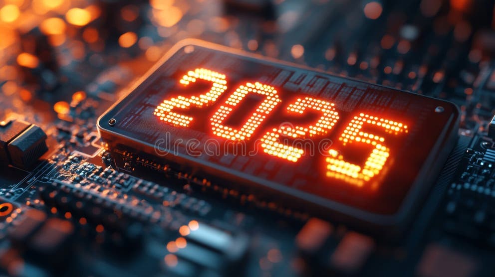 Illuminated Display Shows Two Thousand Twenty Five on Circuit Board ...