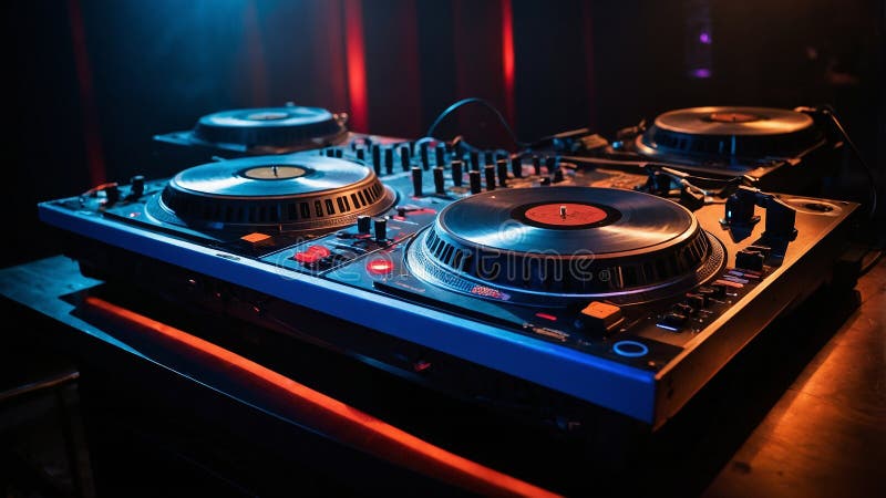 Illuminated DJ Setup in a Dark Room with Various Turntables and Control ...