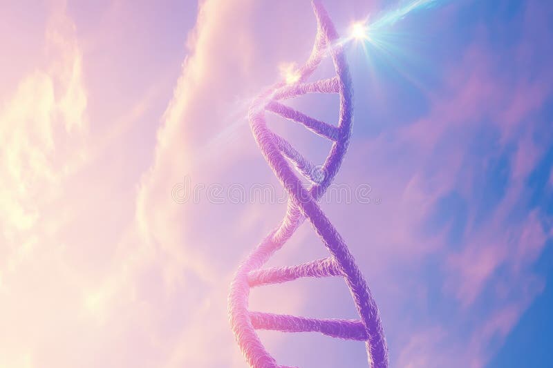 Illuminated DNA Double Helix with Radiant Light Rays in a Vibrant Purple and Blue Background ...