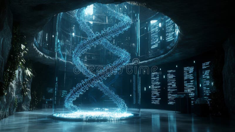 Illuminated DNA Helix in Futuristic Underground Laboratory Stock Photo ...