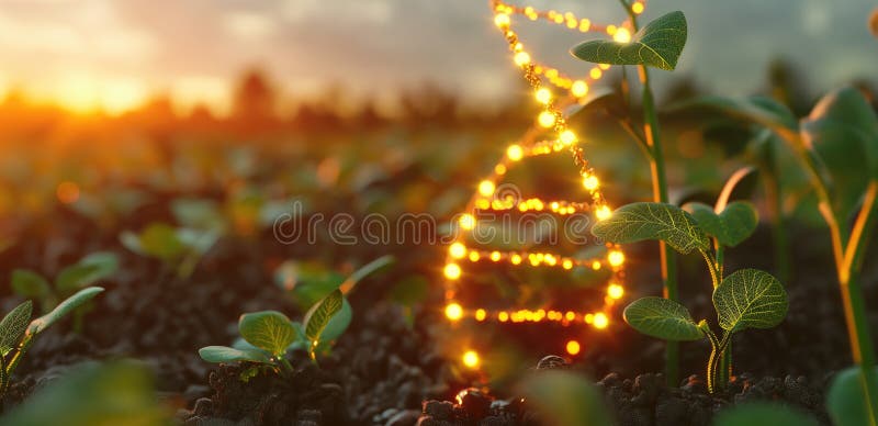 Illuminated DNA and Sprouting Plants in Field. Stock Photo - Image of ...