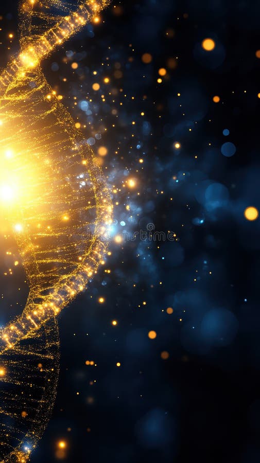 Illuminated DNA Strand with Glowing Particles in Dark Background Stock ...
