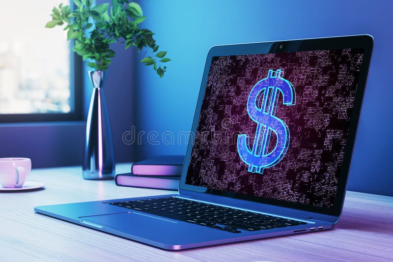 Illuminated Dollar Sign on Laptop Screen in Modern Office Setup with ...