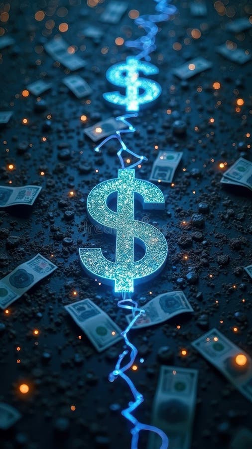 Illuminated Dollar Symbols and Scattered Currency on Dark Surface Stock ...