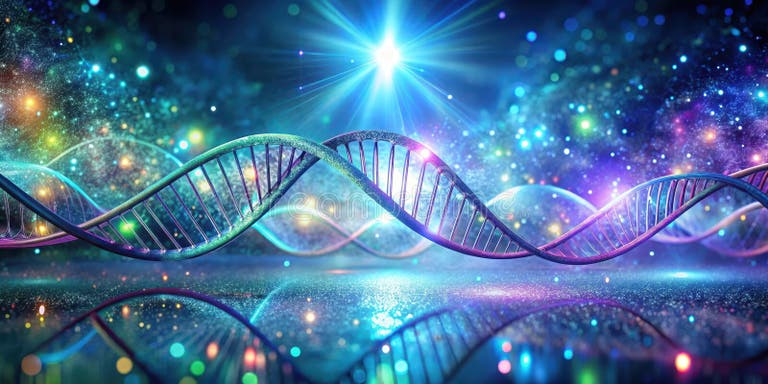 Illuminated Double Helix a Vibrant, Cosmic Rendering of Dna Structure with Glittering Particles ...