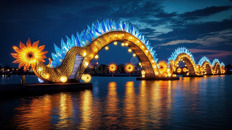 Illuminated Dragon Bridge Over Water at Night Stock Photo - Image of ...