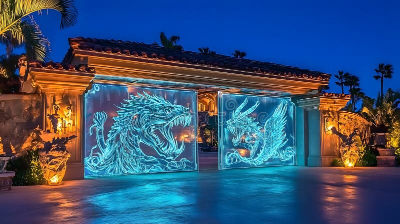 Illuminated Dragon Gate at Twilight Stock Illustration - Illustration ...