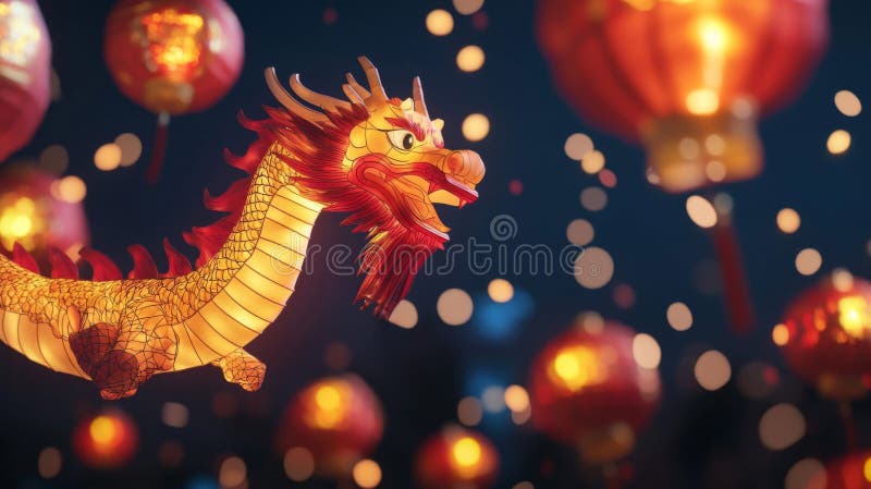 Illuminated Dragon Lantern Against a Background of Red Lanterns Stock ...