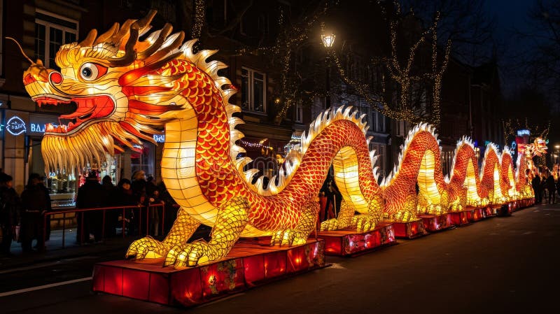 Illuminated Dragon Lanterns Parade at Night Stock Illustration ...
