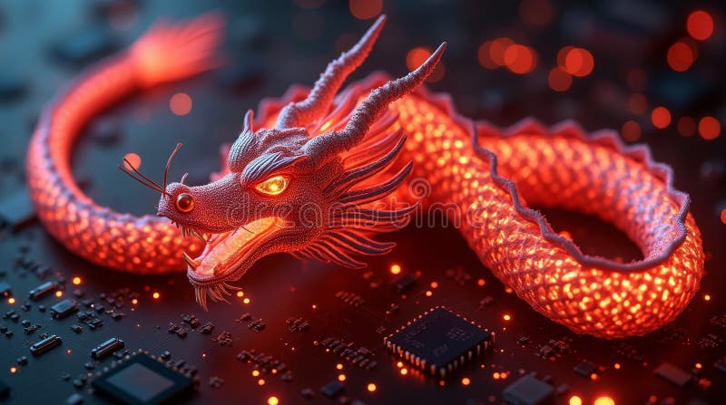 Illuminated Dragon Resting Amid Tech Components, Merging Myth and ...