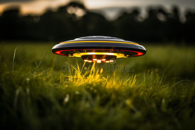Illuminated Drone Flying Low Over Grass Field at Dusk Stock ...