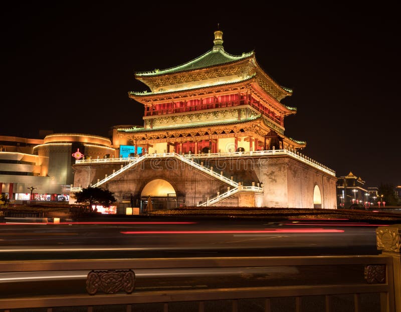Illuminated Drum Tower in Xian, China at Night Editorial Stock Image ...