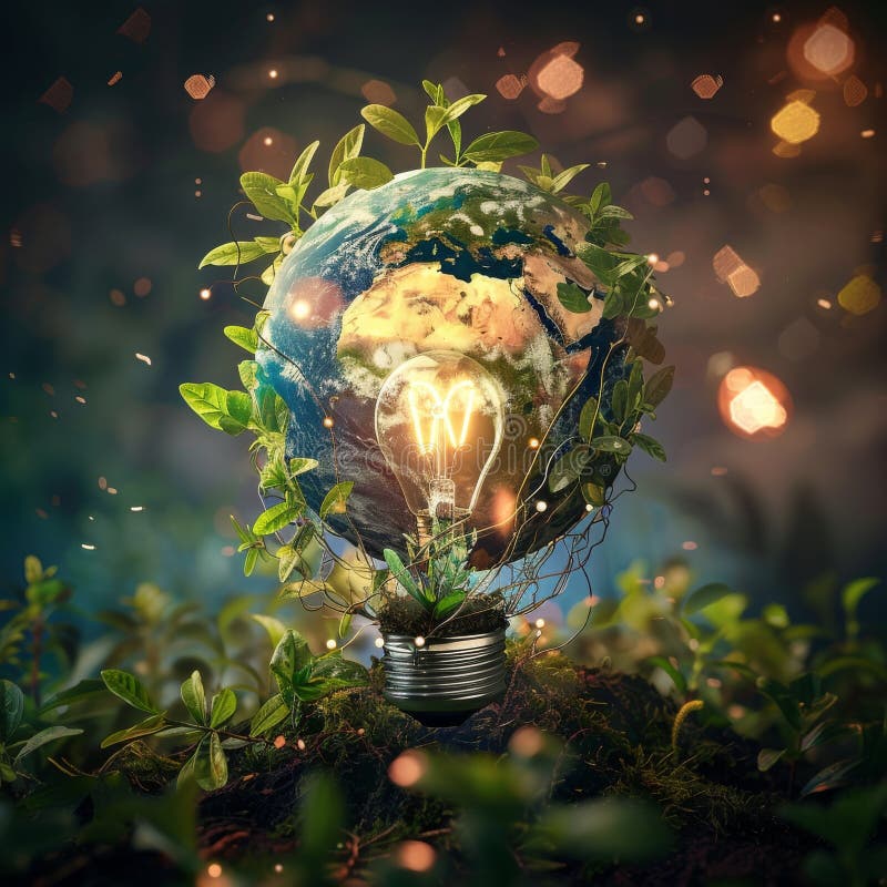 Illuminated Earth Light Bulb Stock Image - Image of leaves, plants ...