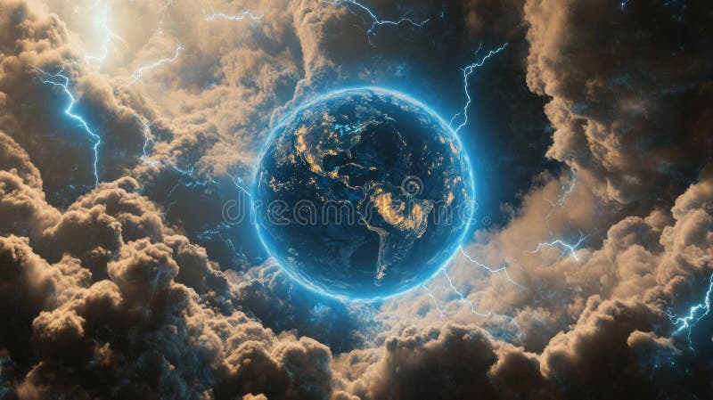 Illuminated Earth Surrounded by Stormy Clouds and Lightning Bolts Stock ...