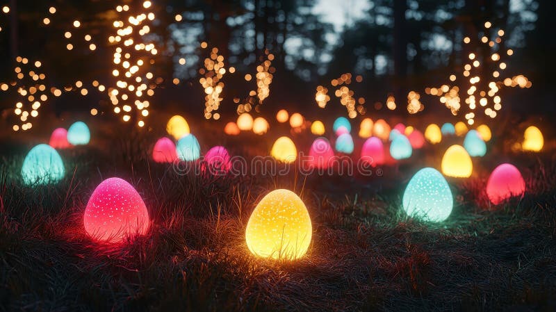 Illuminated Easter Egg Hunt Enchanted Forest Nighttime Vibrant Glow ...