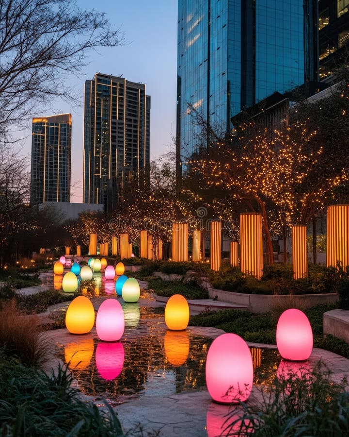 Illuminated Easter Eggs and City Lights at Night in Urban Park Setting ...