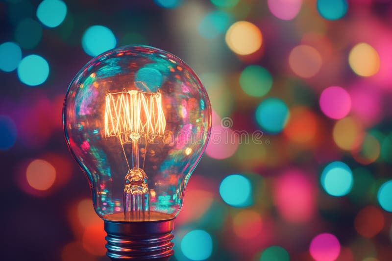An Illuminated Edison Bulb with a Colorful Bokeh Background Creates a ...