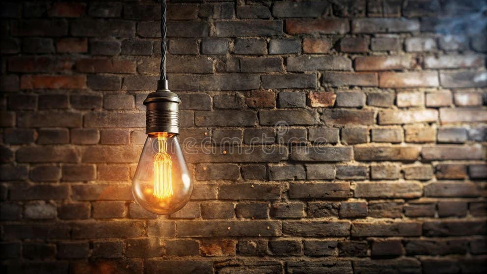Illuminated Edison Bulb Hanging Against Rustic Brick Wall. Generative ...