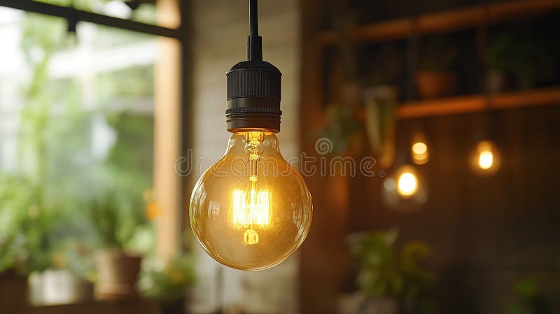 Illuminated Edison Bulb Hanging in Cafe Stock Illustration ...