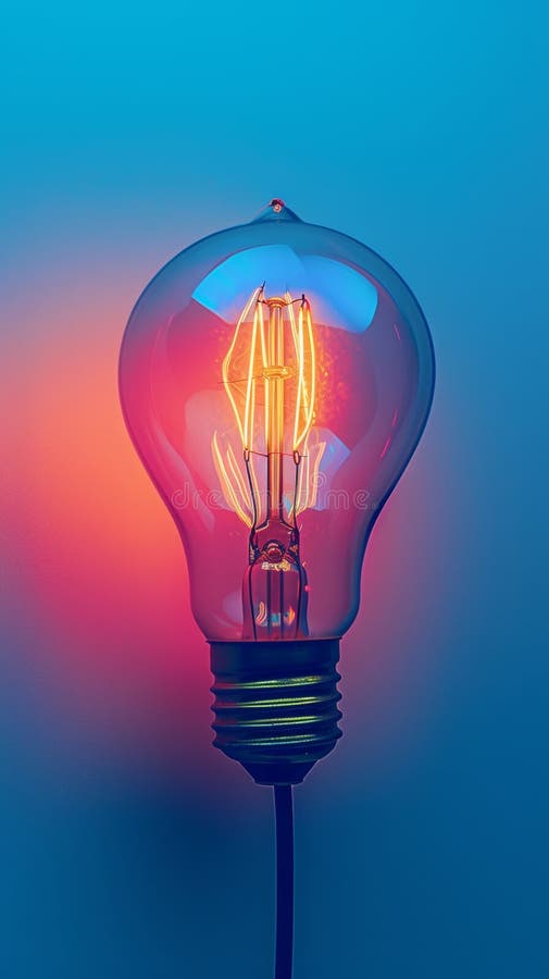 Illuminated Edison Light Bulb Against Blue and Red Gradient Background ...