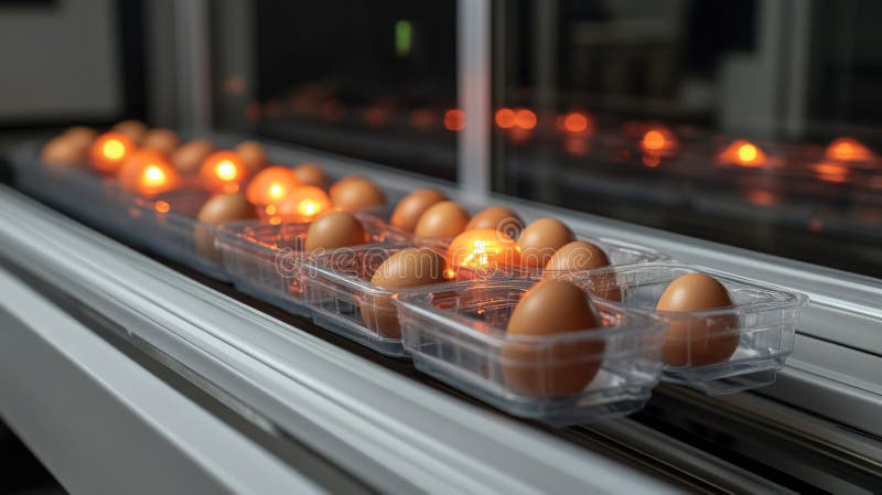 Illuminated Eggs Moving on a Conveyor Belt System Stock Illustration ...