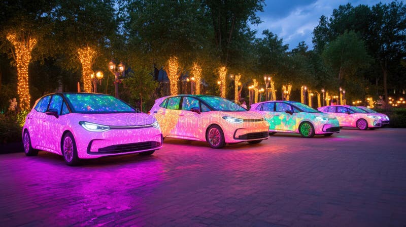Illuminated Electric Cars in Vibrant Nighttime Light Display Stock ...