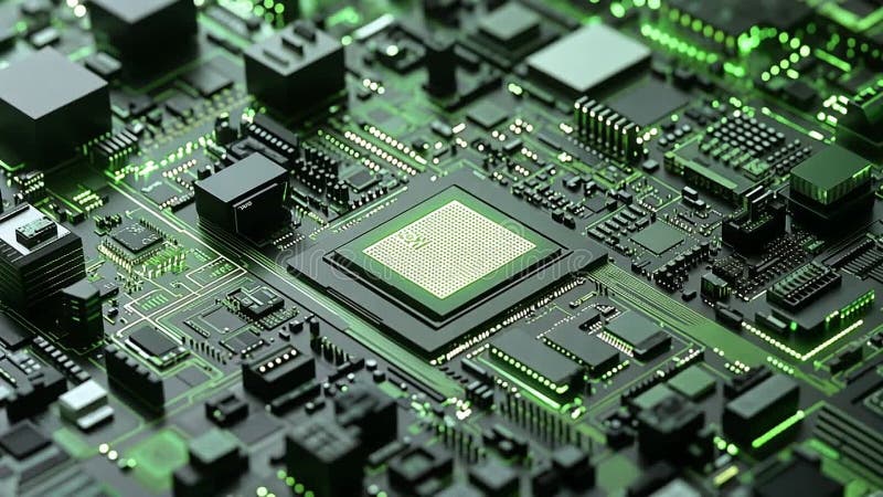 Illuminated Electronic Circuit Board with Central Microchip Glows with ...