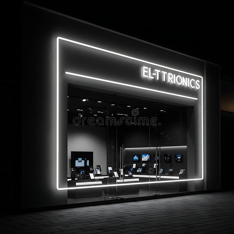 Illuminated Electronics Storefront at Night Showcasing Modern Digital Devices Stock Illustration ...