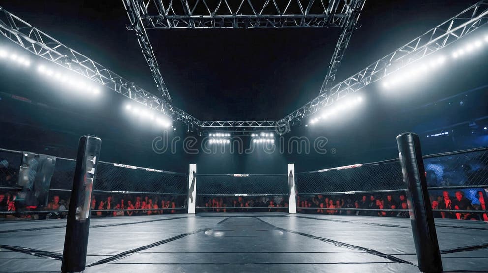 An Illuminated Empty MMA Cage Under Spotlights, with a Cheering Crowd ...