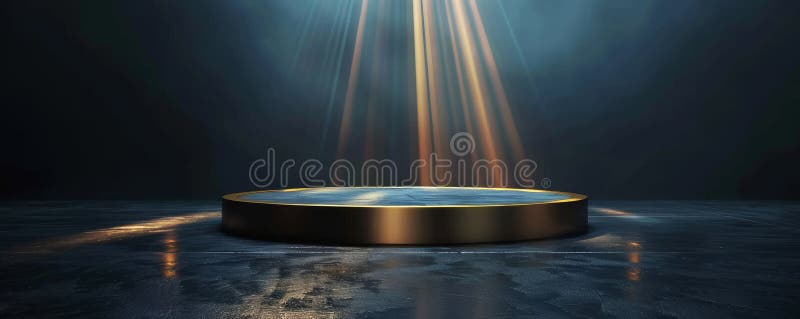 Illuminated Empty Round Pedestal on Dark Metallic Floor Stock Image ...