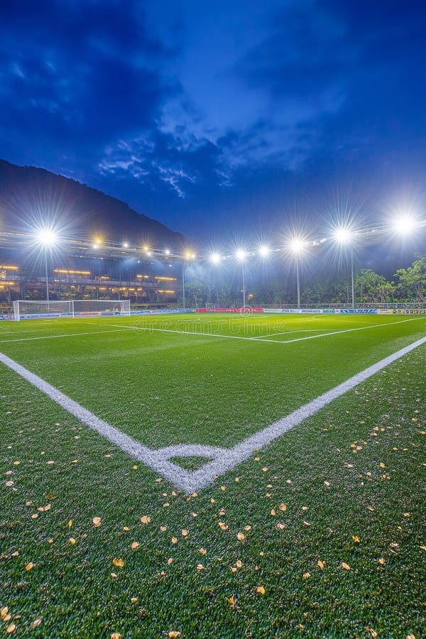 Illuminated Empty Soccer Field at Night with Mountain View, Soccer ...