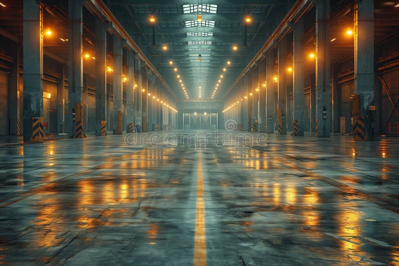 An Illuminated Empty Warehouse with Ceiling Lights Stock Photo - Image ...