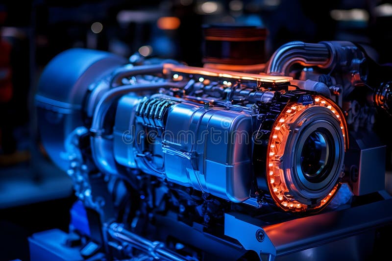 Illuminated Engine with Blue and Orange Accents in Industrial Setting ...