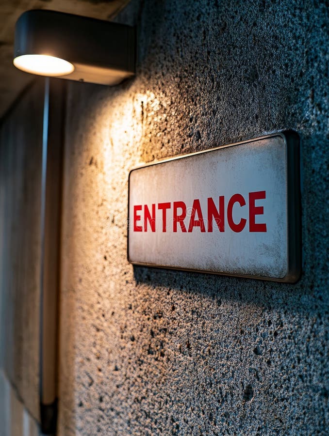 Illuminated Entrance Sign on a Textured Concrete Wall. Stock Photo ...