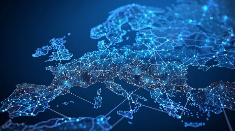 Illuminated Europe Map Highlighting Network Connections, Data Flow and ...