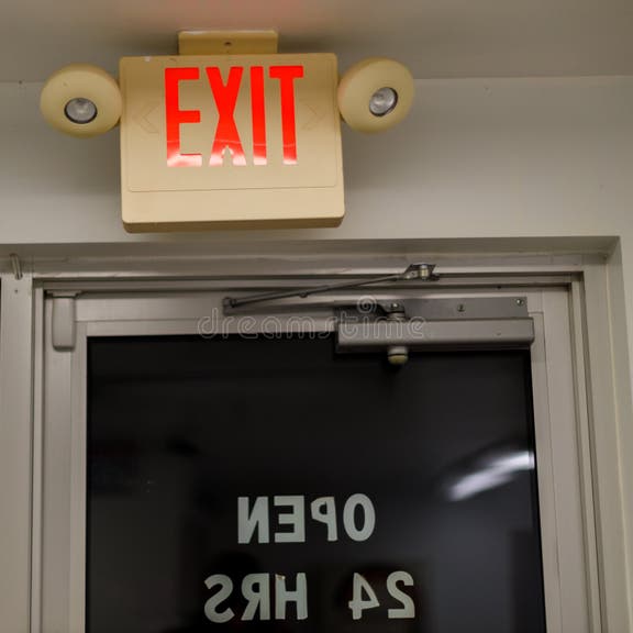 Illuminated Exit Sign Above Exterior Door Mounted on Ceiling, Mirror ...