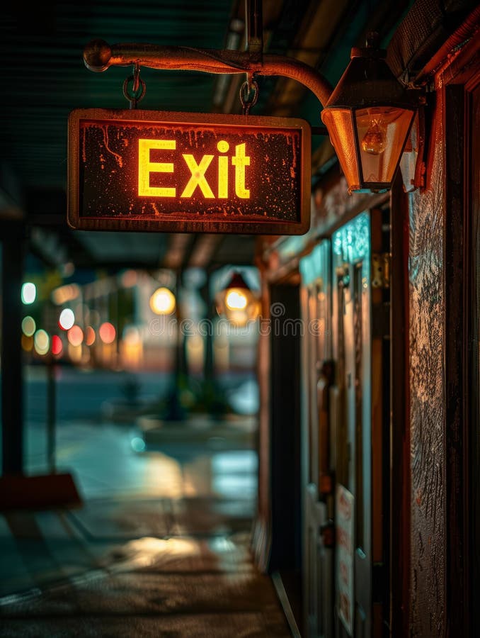 Illuminated Exit Sign in a Deserted Street at Night. Stock Photo ...