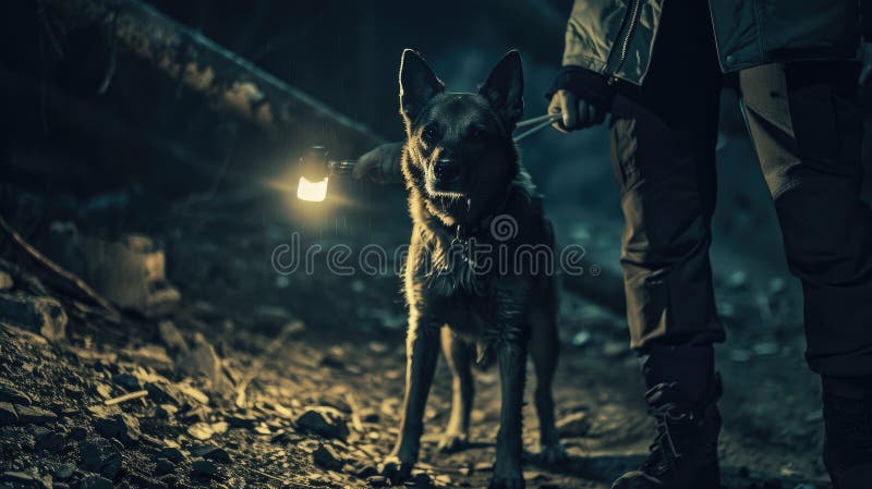 Illuminated Exploration: Man and Dog with Flashlight Stock Image ...
